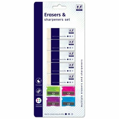 5 Erasers & 4 Sharpeners Set Rubber Kids Home Office School Stationery ...