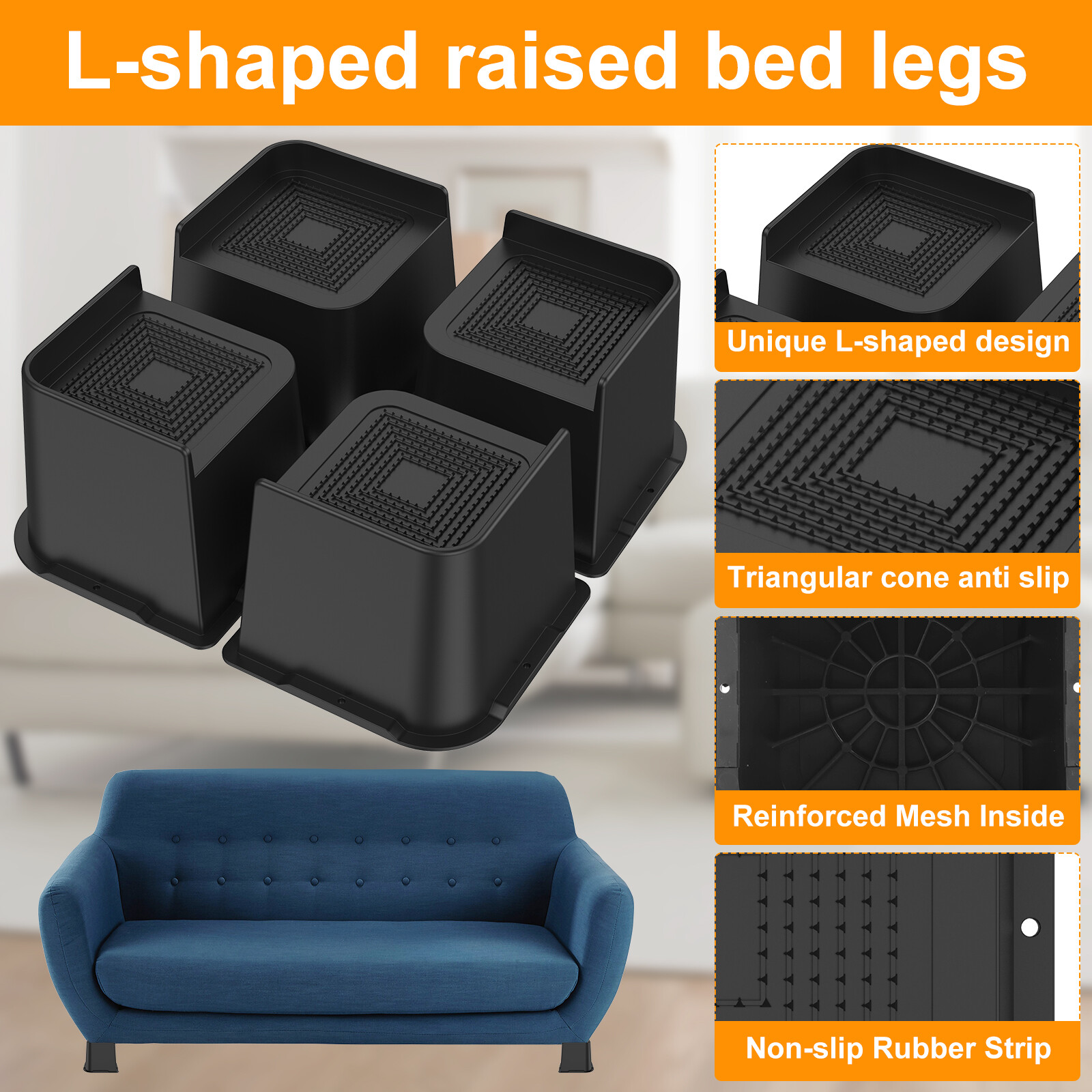 4Pcs Bed Risers Non-Slip Furniture Risers Heavy Duty Sofa Riser Support ...