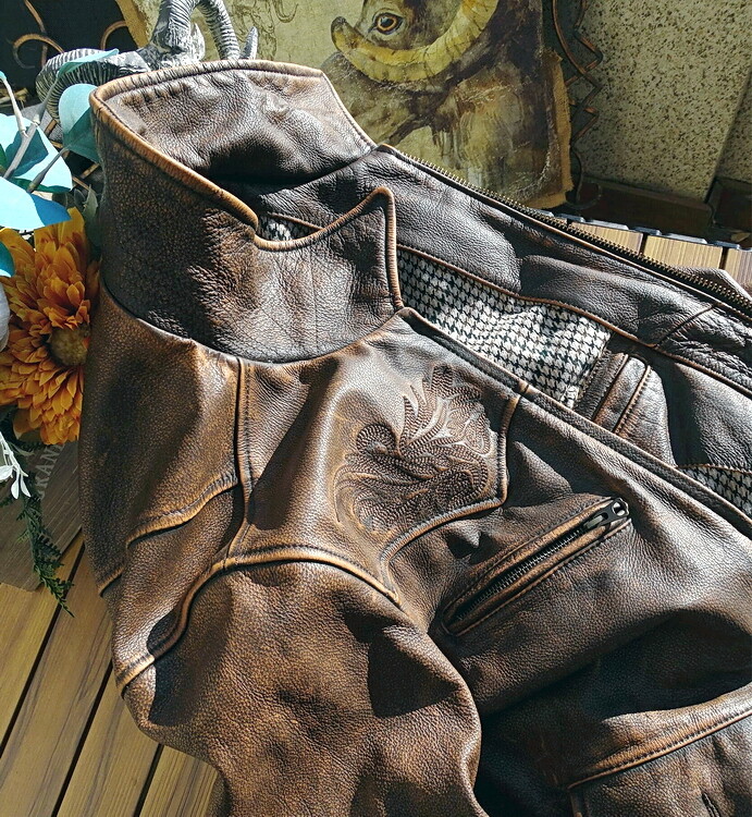 Mens Vintage Style Tea-core Cowhide Leather Jacket Embroidery Washed ...