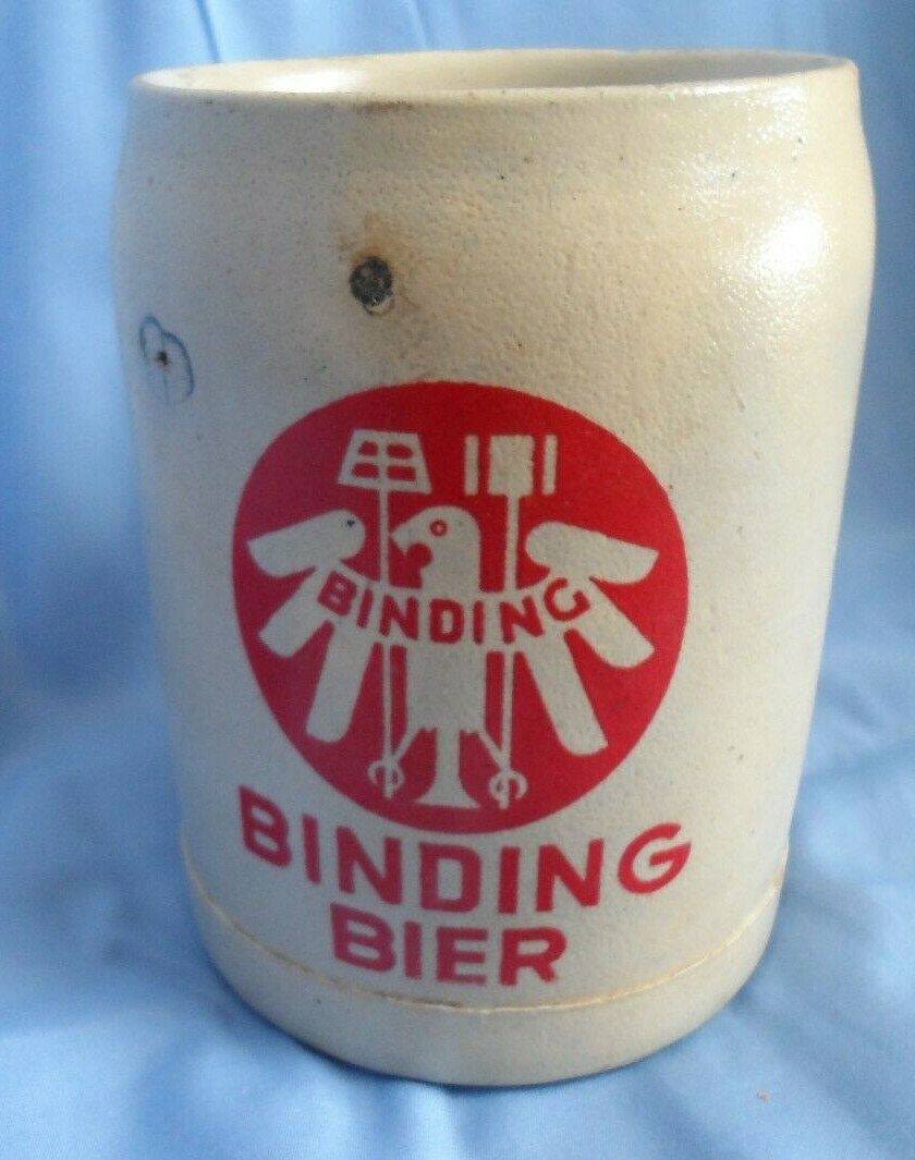 Binding Bier Crock Mug Salt Glaze 5" beer red label vtg antique 04 ...