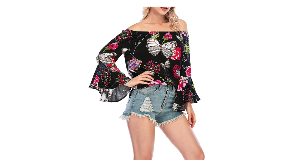 NEW Women's Off The Shoulder Butterfly Print Flare Sleeve Top | eBay