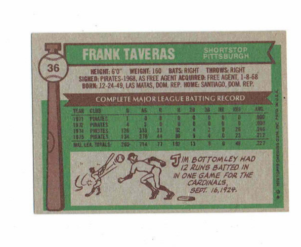 Frank Taveras Pittsburgh Pirates Shortstop #36 Topps 1976 #Baseball ...