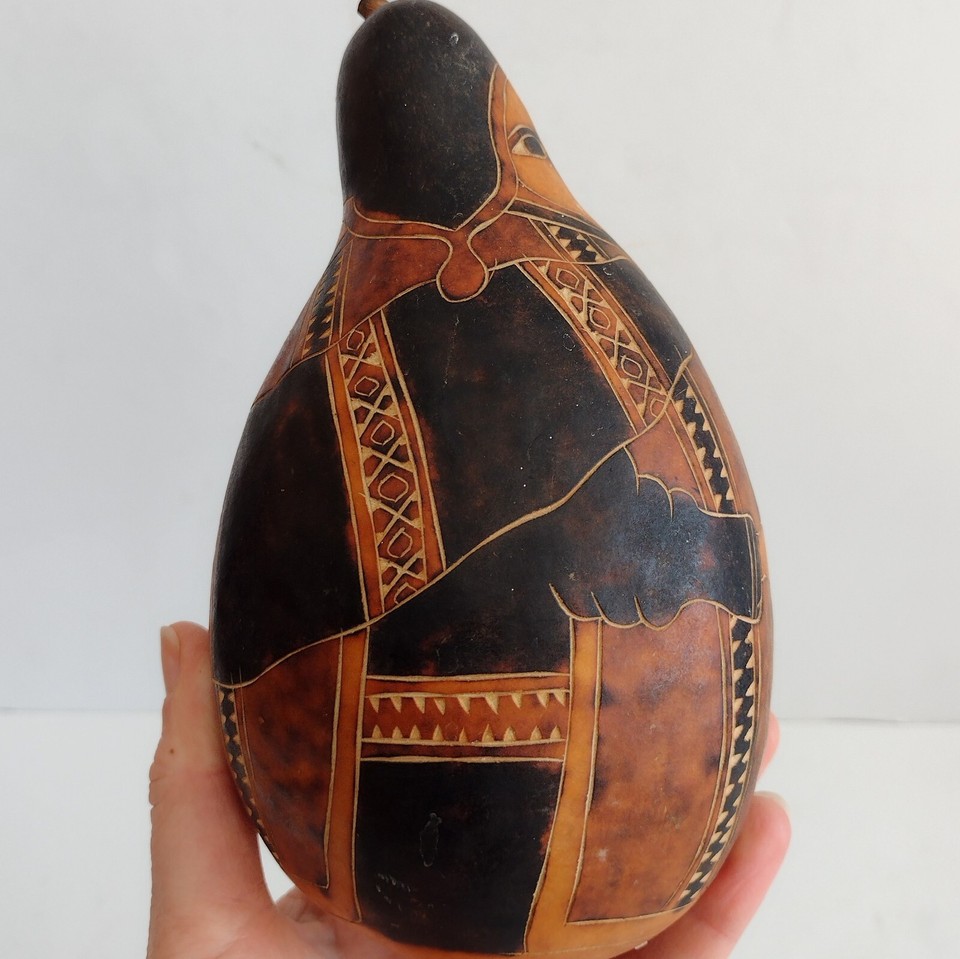 Vintage Handcarved Peruvian Gourd Man W/ Jug Cup Folk Art Musical ...