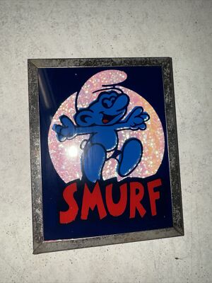 The Smurfs Painted Glass Foil Art Smurf 1980's RARE 4”x5” Metal Frame ...