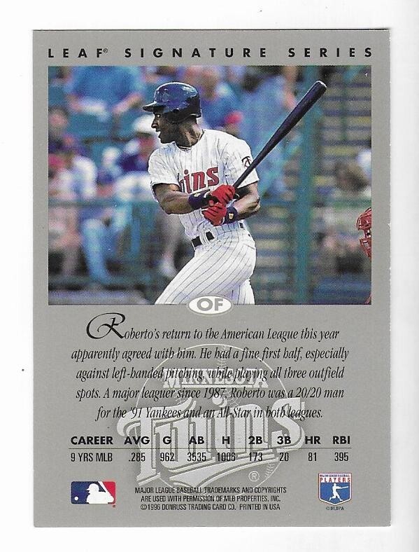 Roberto Kelly 1996 LEAF MLB SIGNATURE SERIES AUTOGRAPH CARD Twins AUTO ...