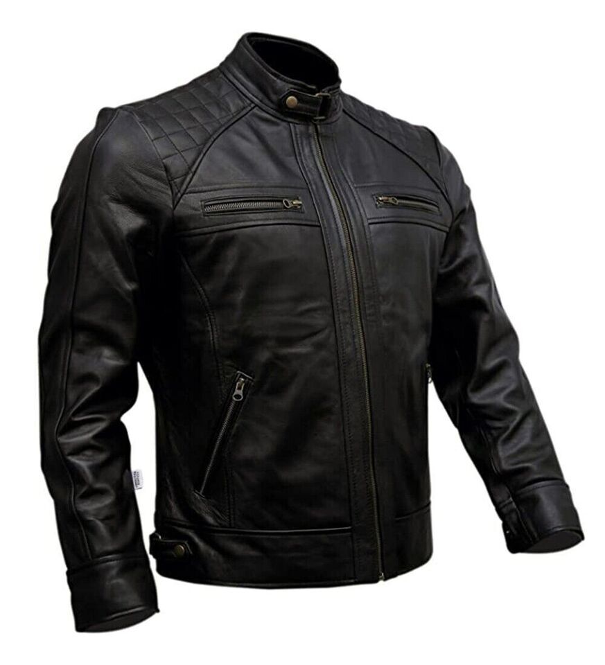 Men's Black Leather Jacket Real Lambskin Cafe Racer Biker Leather ...