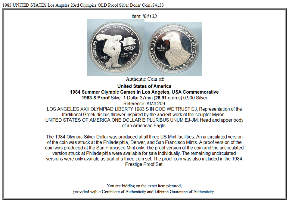 1983 UNITED STATES Los Angeles 23rd Olympics OLD Proof Silver Dollar ...