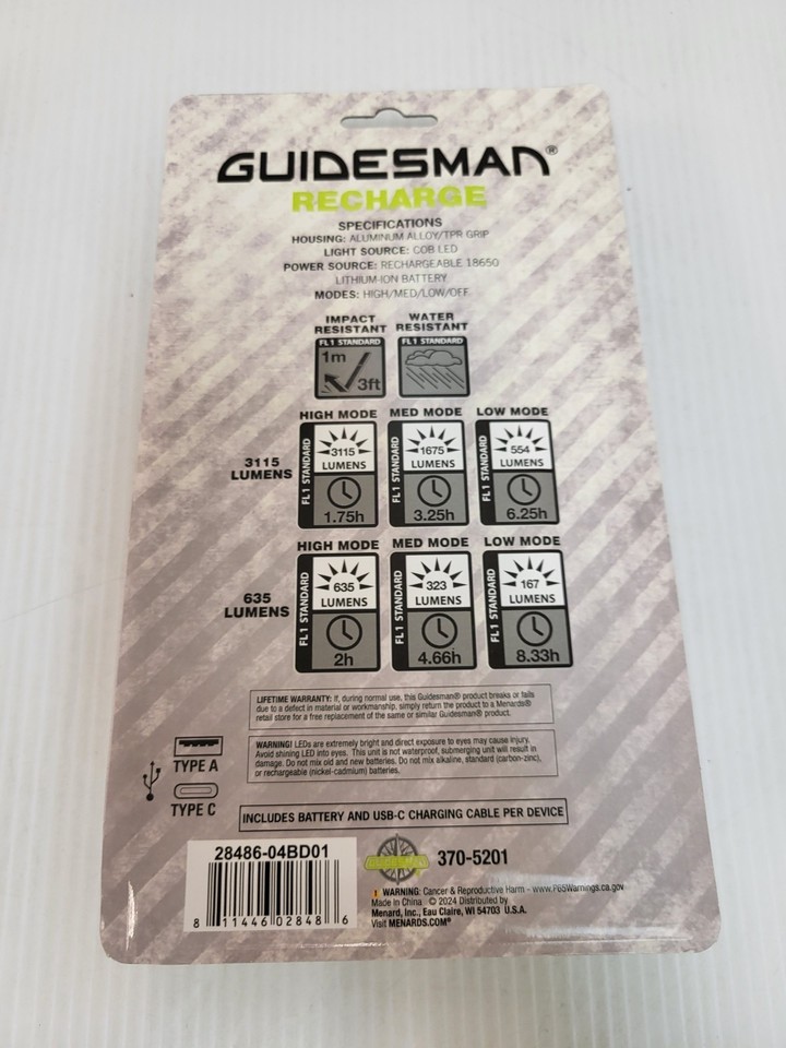 Guidesman 2 Pack Flash Light Rechargeable 370-5201 With 3 Light Modes ...