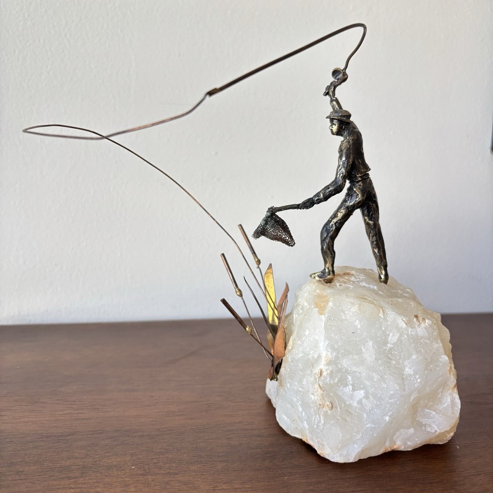 Curtis C. Jere Bronze Fishing Sculpture Quartz Mid Century Brutalist ...