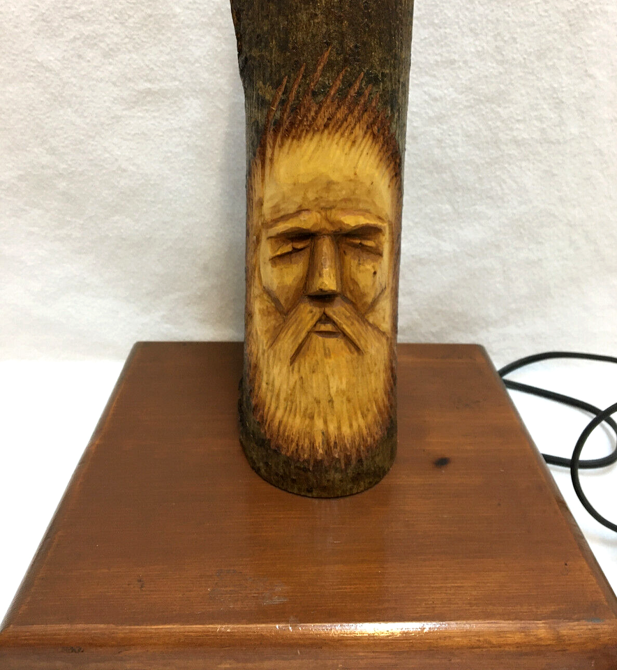 Table Lamp Wood Log Hand Carved Face Rustic With Harp Square Footed ...