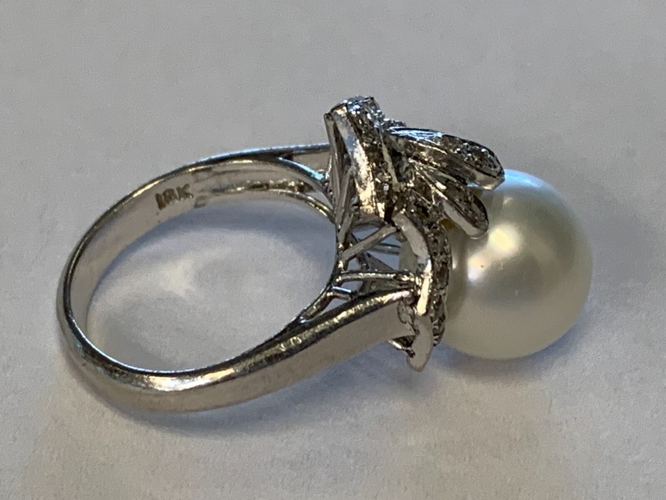 6K diamond GOLD 11MM SOUTH SEA round white PEARL RING ESTATE | eBay