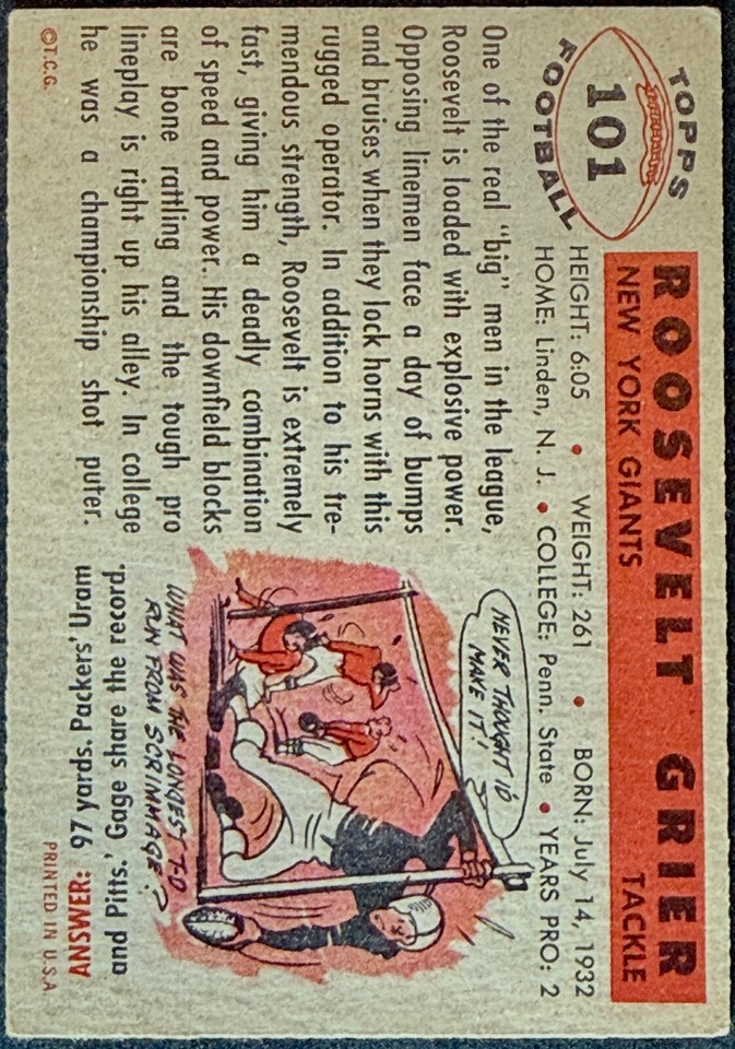 1956 Topps ROOSEVELT GRIER #101 New York Giants ~ RC ~ HOF | eBay