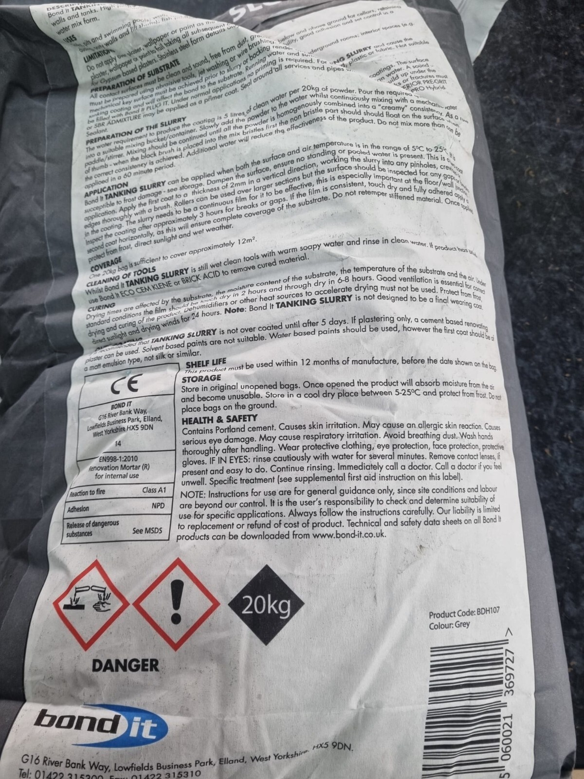 Tanking Slurry 20kg Cement Based Waterproof Grey Bondit BDH107/T Brand ...