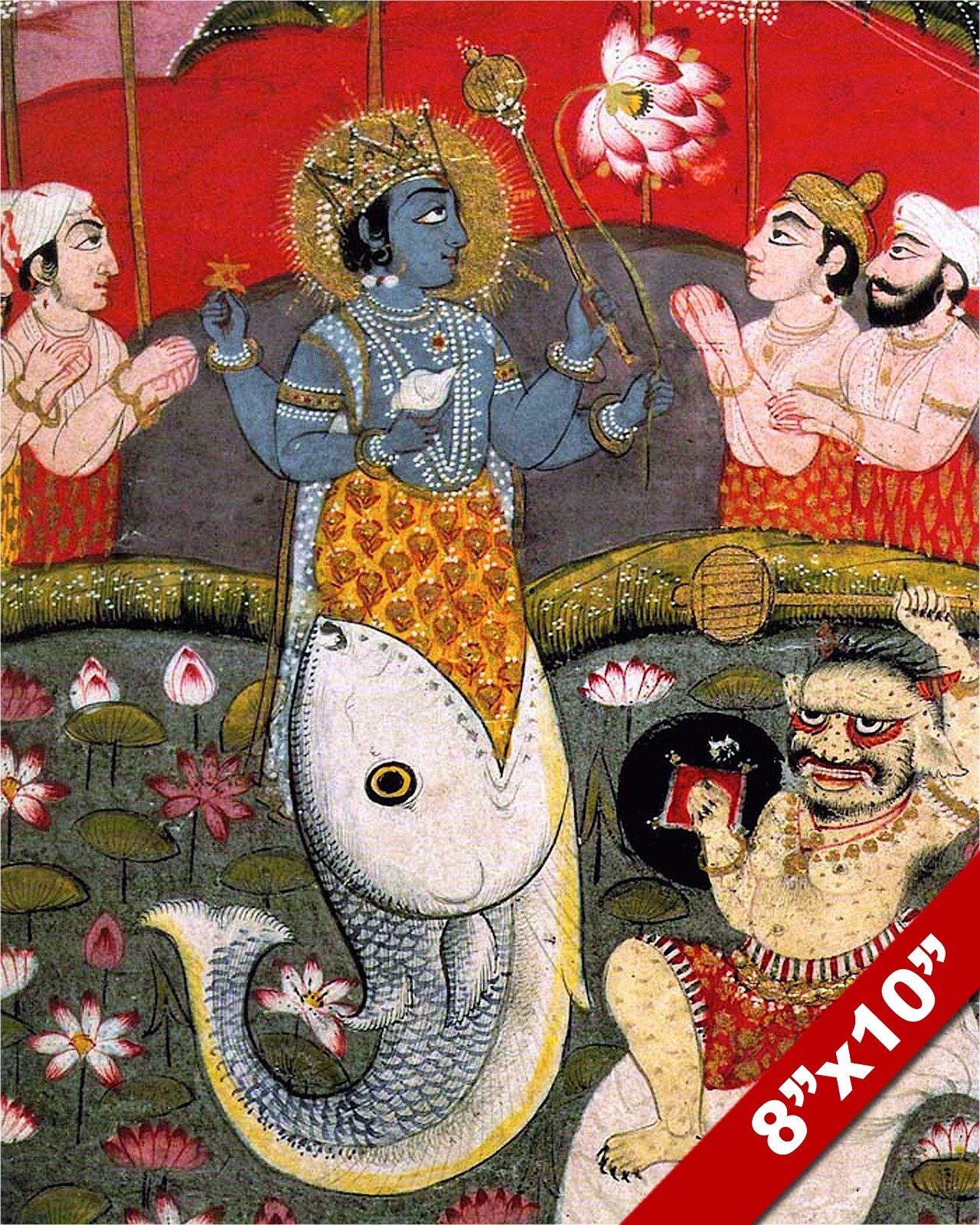 MATSYA HINDU FISH GOD VISHNU AVATAR OIL PAINTING ART REAL CANVAS GICLEE ...