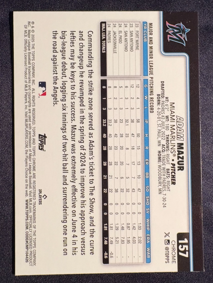 2025 Topps Chrome Adam Mazur #157 Base Rookie Miami Marlins (RC) | eBay