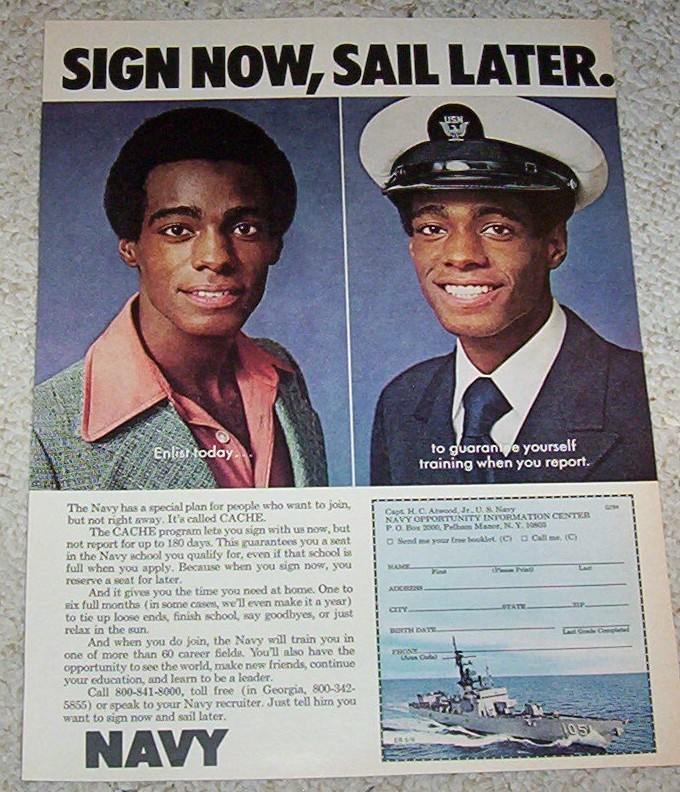 1976 print ad -USN Navy job CACHE sail later Military career vintage ...