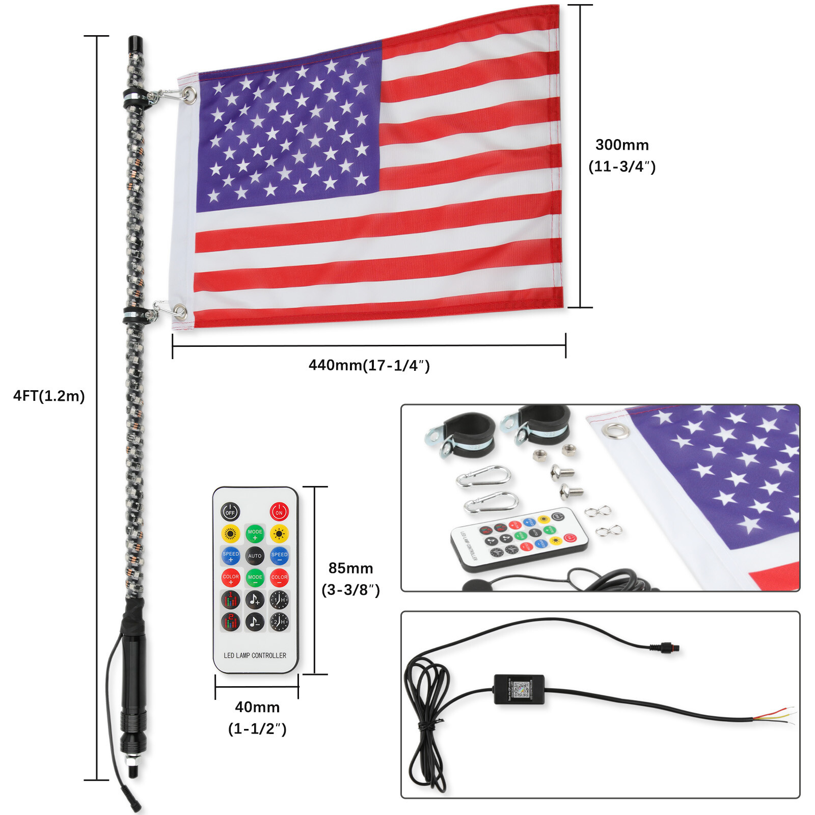 2PCS 4ft Spiral LED Whip Light Antenna For ATV Polaris RZR 4Wheeler RGB ...