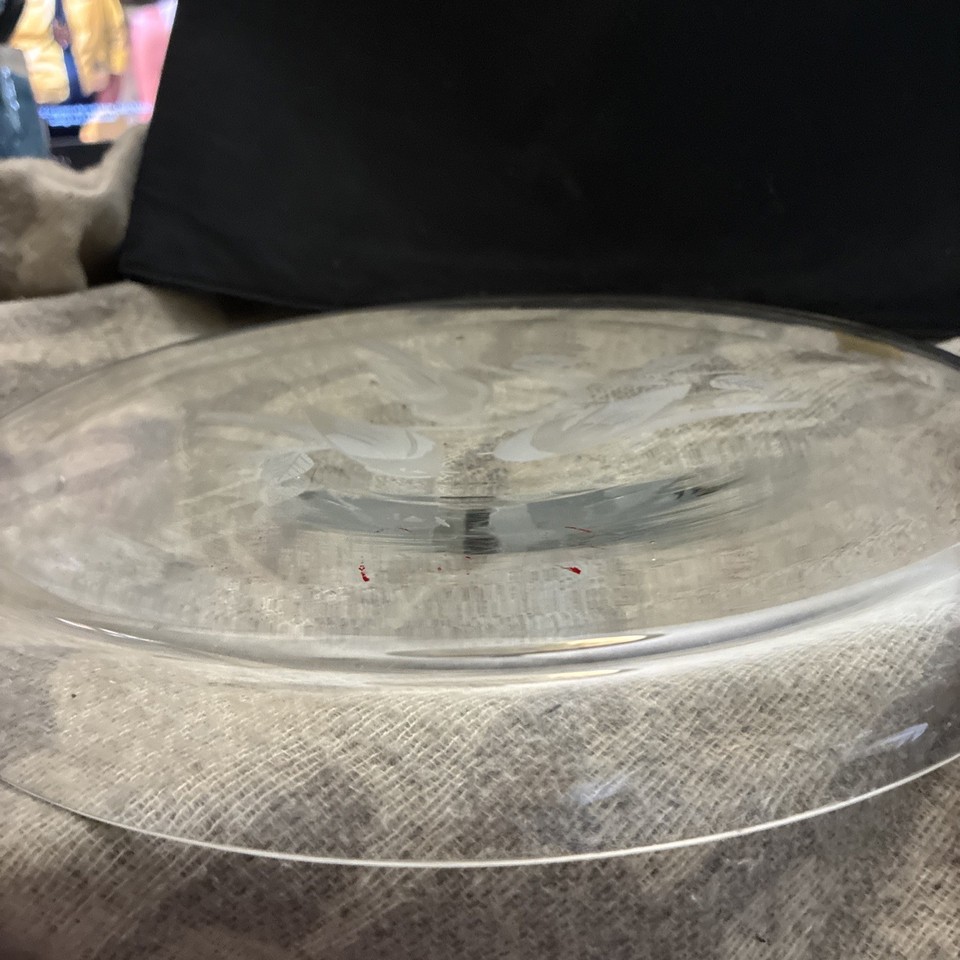 Toscany hand cut hand blown glass platter etched W/birds 12” | eBay