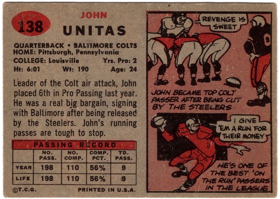 1957 TOPPS #138 JOHN JOHNNY UNITAS RC VINTAGE HALL OF FAME FOOTBALL ...