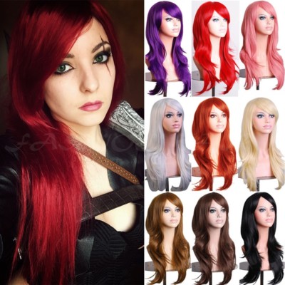 Burgundy Wine Red Cosplay Wig Women Long Wavy Straight Party Costume ...