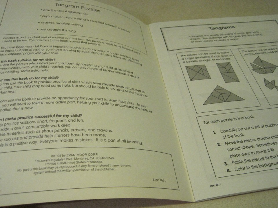 TANGRAM PUZZLES Basic Mathematics Skills Kids' Book Grade 4-6 '95 EVAN-MOOR U.S. | eBay