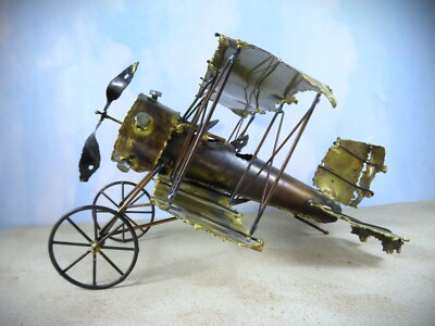 Handcrafted Brass Metal Biplane Sculpture Brutalist Art Soldered Burnt ...