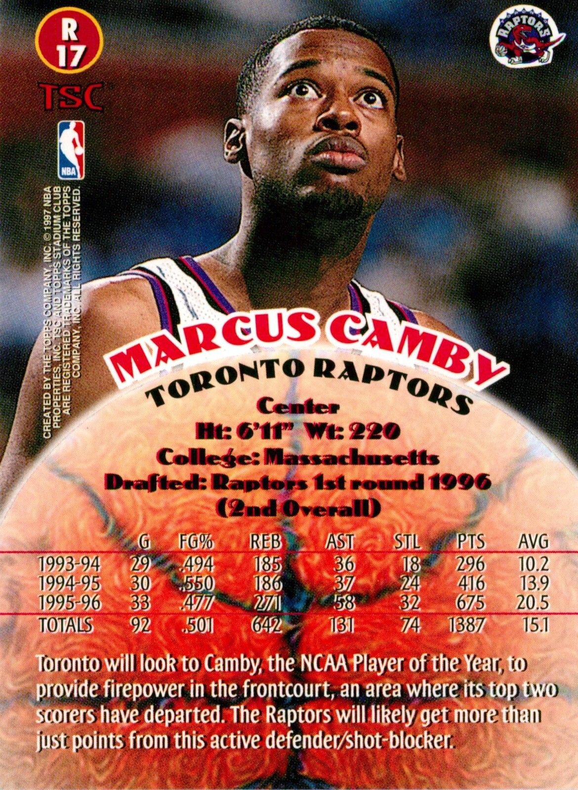 1996 TORONTO RAPTORS NBA Rookie Card MARCUS CAMBY Topps Stadium Club ...