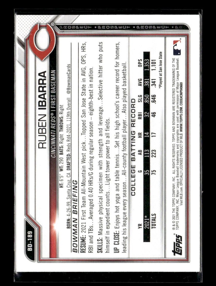 2021 Bowman Draft Paper Ruben Ibarra Cincinnati Reds 1st #BD-189 5 Card ...