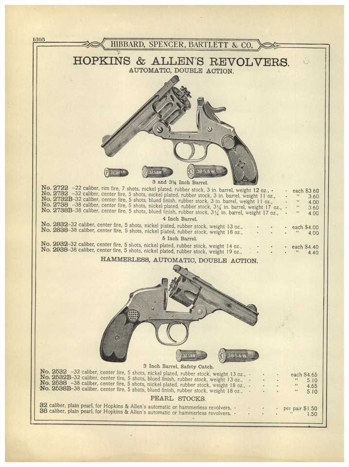 1899 PAPER AD Hopkins & Allen's Revolver .22 .32 .38 Caliber Forehand ...