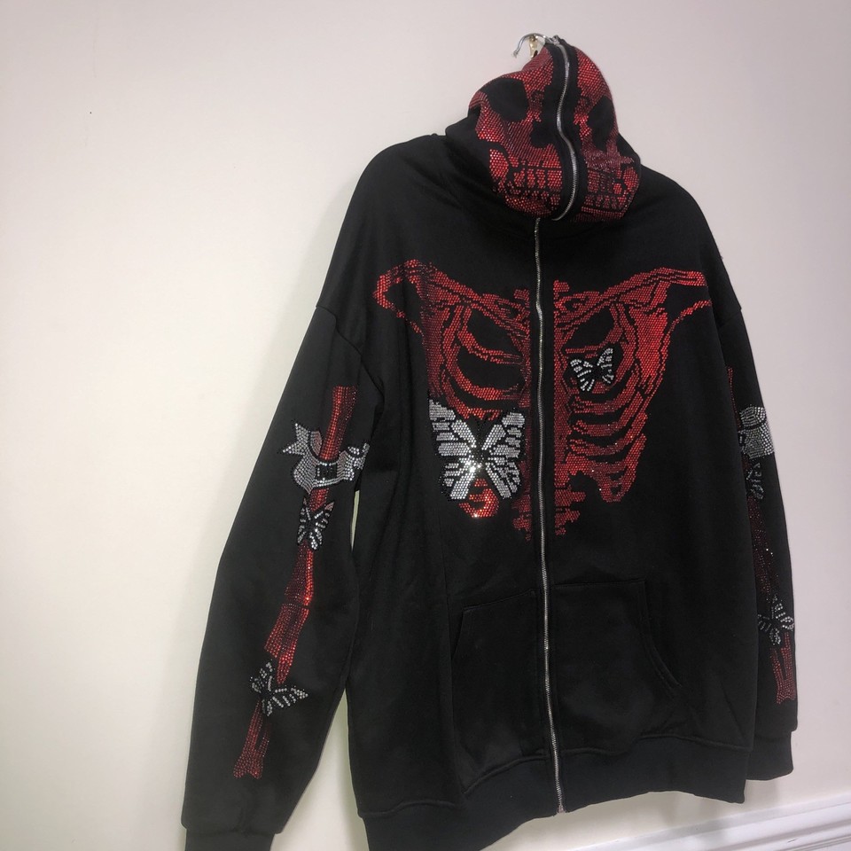 DNA Hoodie WomenL Black Full Zip Skeleton Rhinestone Butterfly Graphic ...