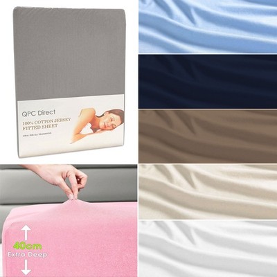 Jersey Stretch Fitted Sheet 100% Pure Cotton Extra Deep 40cm 16" Soft ...