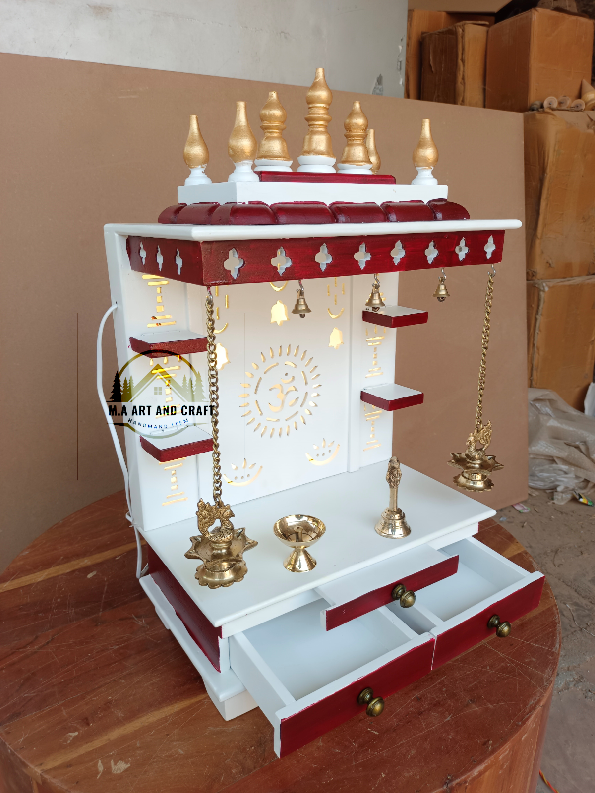 Solid Wood Pooja Mandir for Home with Brass Bells & Lamps | Handcrafted ...