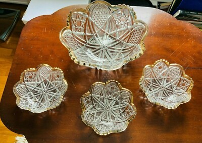 US GLASS "MINNESOTA" PATTERN EAPG GOLD TRIMMED BERRY BOWL SET MASTER ...