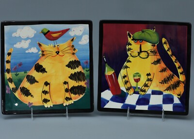 2 (Two) MARY NAYLOR FELINE Square Ceramic Art Decorative Plates Wall ...