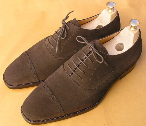 Men's Handmade Dark Brown Suede Punched Cap Toe Lace Up Oxford Formal ...
