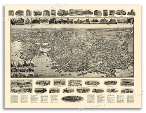 Bird's Eye View 1911 New London Connecticut Vintage Style City Map ...