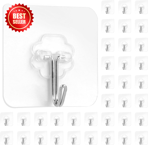 36 Pcs 15LB Sticky Wall Hooks - Clear, No Damage, Stick On, Adhesive ...