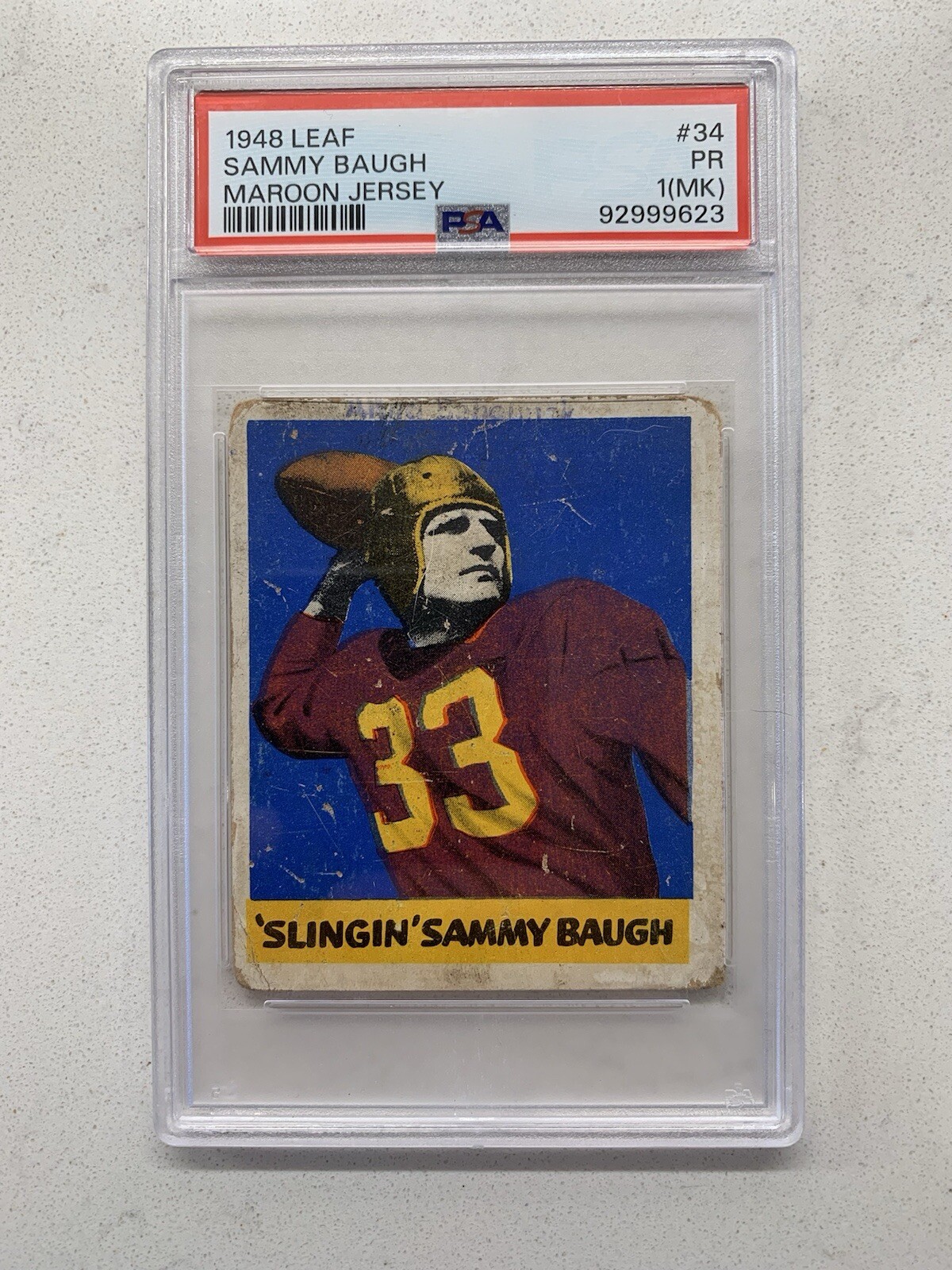 1948 Leaf Slingin Sammy Baugh Rookie PSA 1 MK #34 RC Maroon Jersey HOF ...