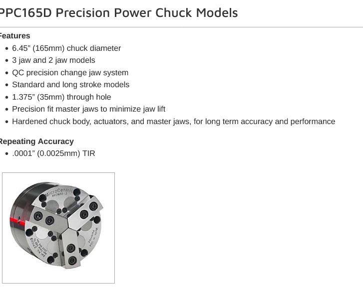 MICRO CENTRIC PPC165D-3 Precision Power C PRECISION POWER CHUCK 3 JAW ...