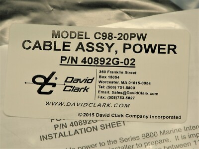 David Clark C98-20PW Power Cable for M-RIM Module | eBay