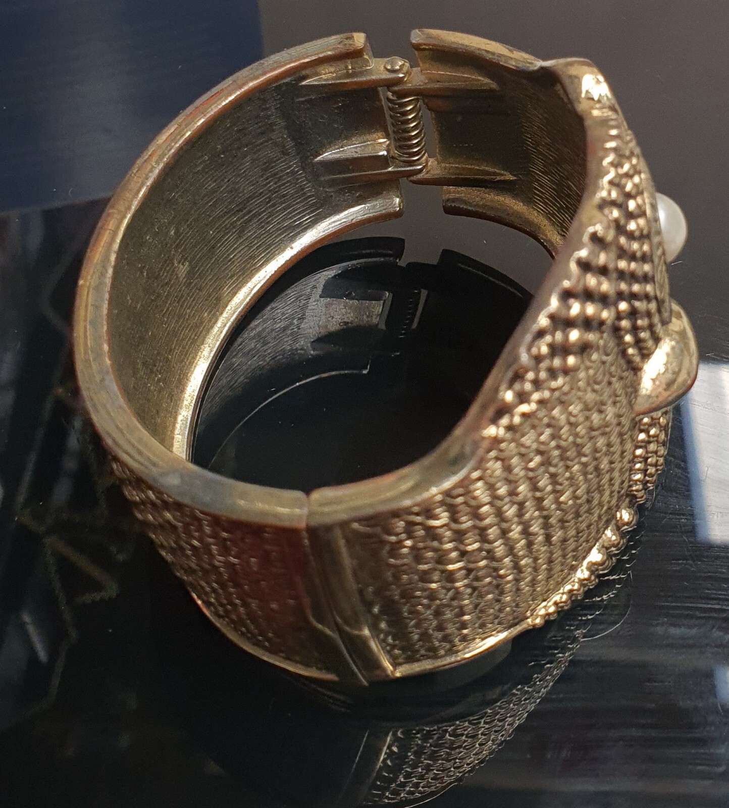 Vintage 1980s Gold Painted Metal Clamper Owl Bangle Faux Pearl Eyes ...