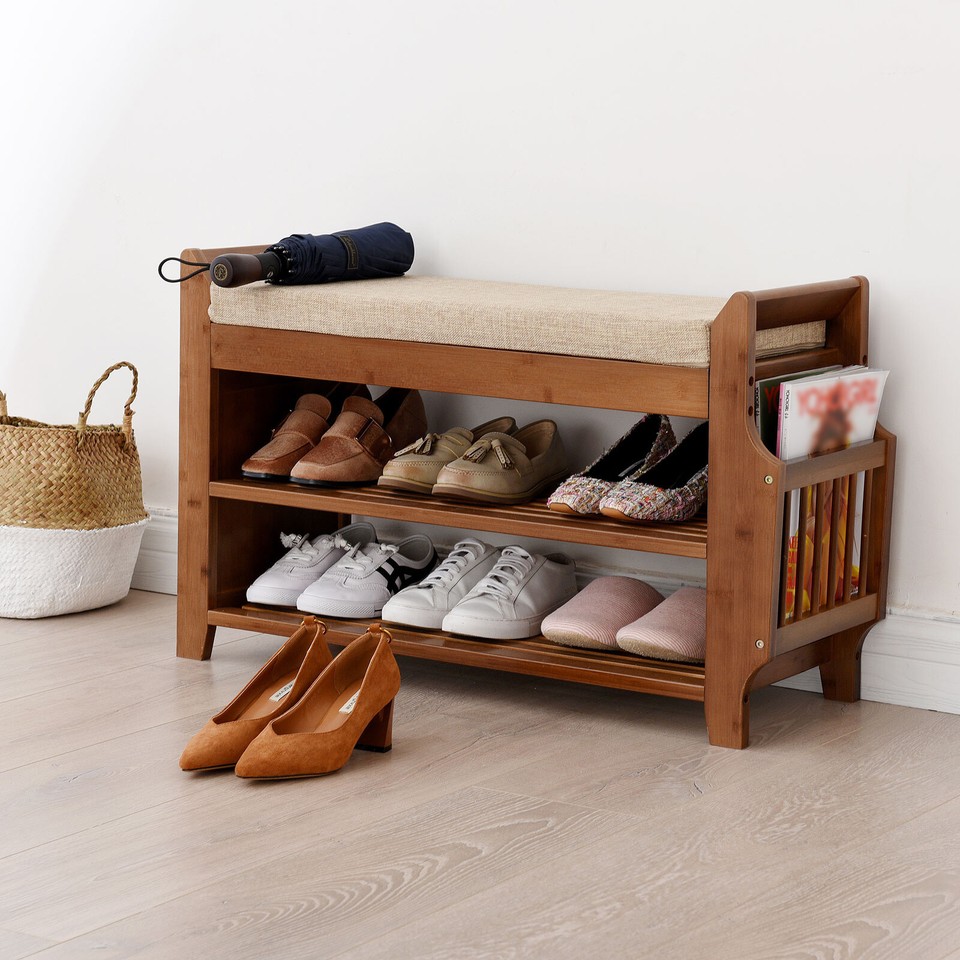 Bamboo Shoe Rack 2 Tier Bench w/ Removable Cushion Entryway Organizer ...