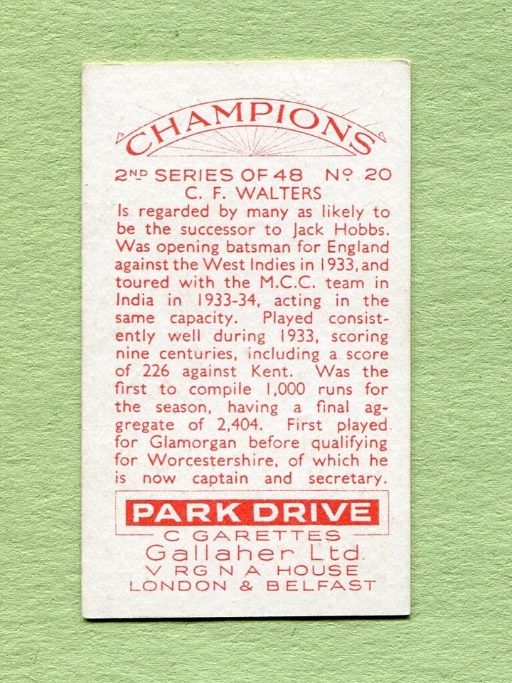1935 Gallaher Ltd Park Drive Cigarettes Champions 2nd Series #20 C.F ...