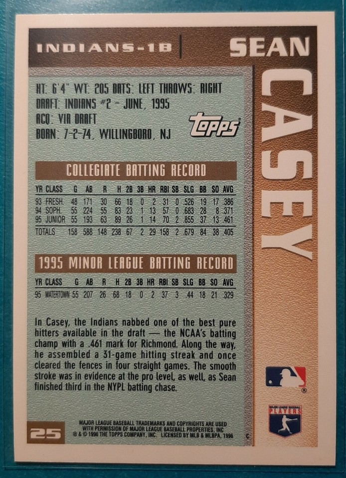 1996 TOPPS SEAN CASEY ROOKIE #25 CLEVELAND INDIANS RC | eBay