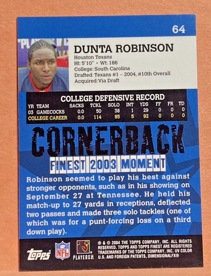 2004 Topps Finest DUNTA ROBINSON Rookie RC Card #64 Texans | eBay