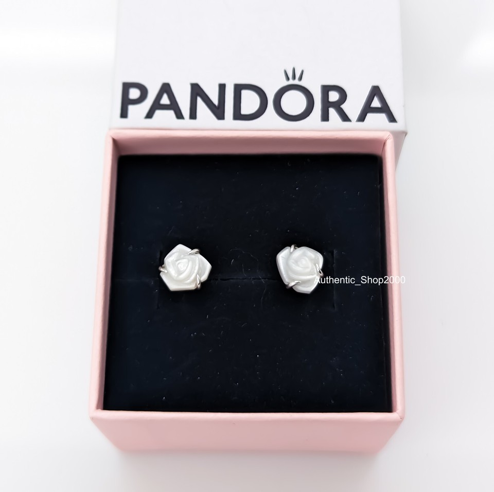 NEW 100% PANDORA White Rose in Bloom Stud & Necklace Jewelery Gift Set ...
