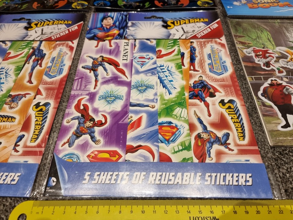 6 x PACK STICKER SHEET DC BATMAN SUPERMAN SONIC HEDGEHOG BOOM BRAND NEW ...