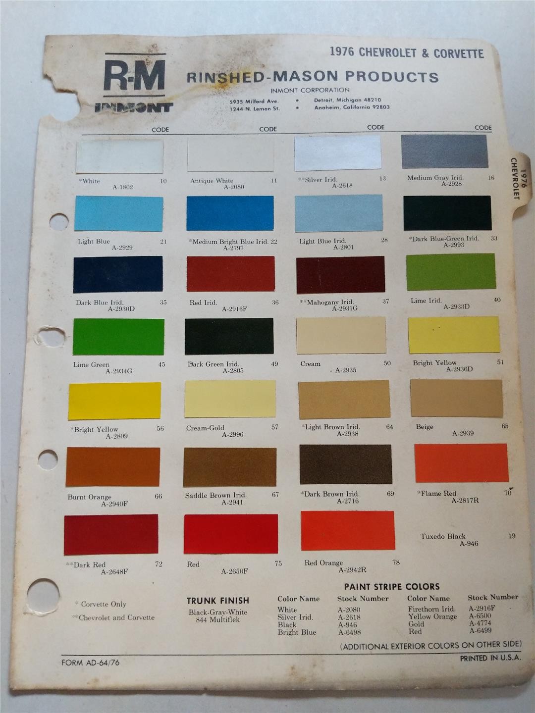 1976 CHEVROLET & CORVETTE Original RM RINSHED-MASON Automotive Paint ...