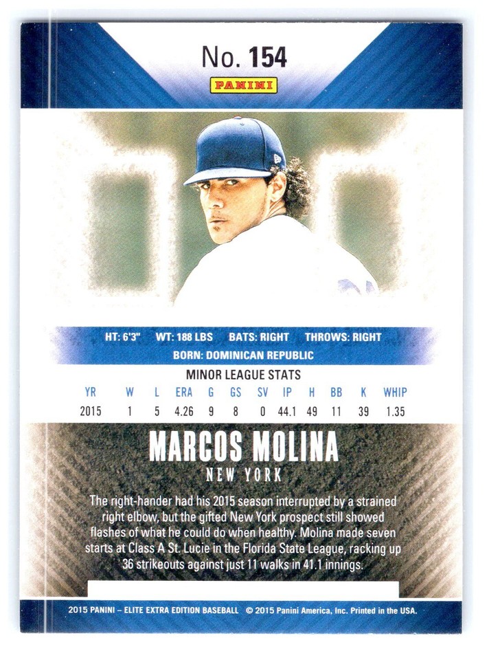 2015 Panini Elite Extra Edition Baseball #154 Marcos Molina New York Mets | eBay