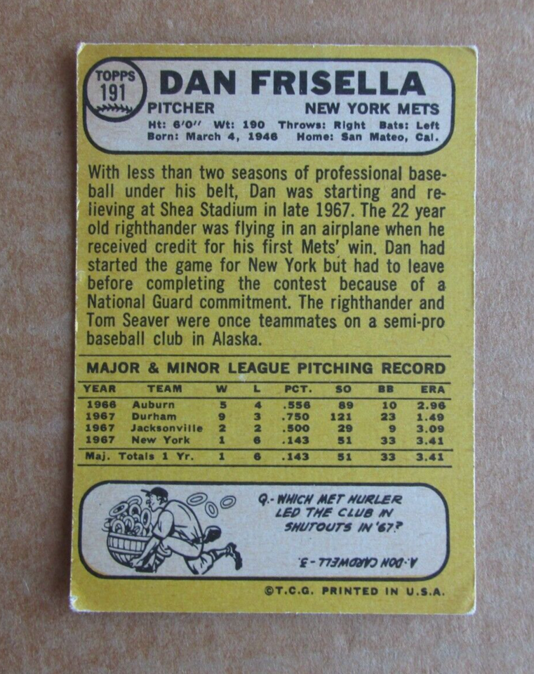 1968 TOPPS BASEBALL DAN FRISELLA #191 AUTOGRAPH SIGNED CARD NEW YORK ...
